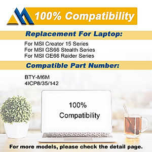 BTY-M6M 99.99Wh Laptop Battery Replacement for MSI GS66 Stealth 10SE 10SF 11UE 11UH GE66 Raider 10UG 11UG GE76 for Raider 11UE 11UG GE76 for Dragon Tiamat 11UH WS66 10TM 11UMT 11UKT for Creator 15