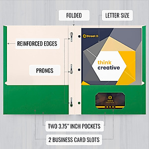 Green Paper 2 Pocket Folders with Prongs, 50 Pack, by Better Office Products, Matte Texture, Letter Size Paper Folders, 50 Pack, with 3 Metal Prong Fastener Clips, Green