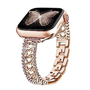 Bling Chain Bracelet Compatible with Apple Watch Band 41mm 40 mm 38mm Series 8 7 6 5 4 3 2 1 SE Women, beu1st Replacement iWatch Band Diamond Rhinestone Stainless Steel Metal Wristband Strap Rose Gold