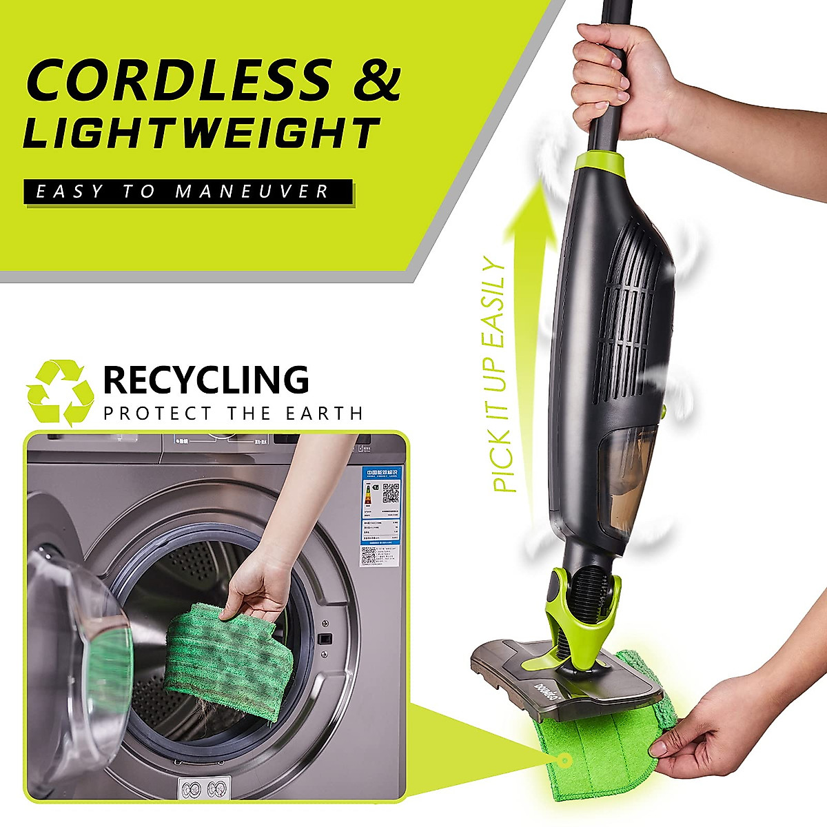 Vacuum Mop Cordless Hard Floor Vacuum Cleaner and 2 Packs Recyclable Cleaning Mop Pad, Black, KB-9009A