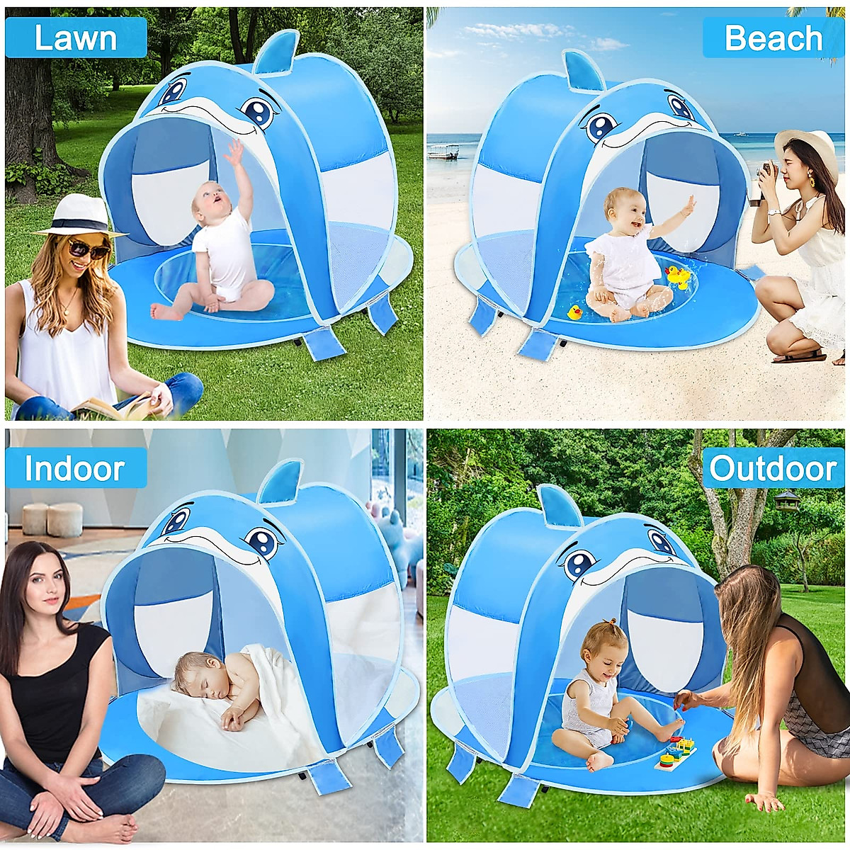 Dolphin Baby Beach Tent with Pool, UPF 50+ UV Protection Pop Up Portable Sun Shade Beach Tent with Sand Pocket, Waterproof Outdoor Sun Shelter for Baby Toddler Age 6-36 Months Baby Essentials