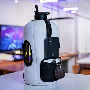 Hydro Gallon® - 1 Gallon Water Bottle Jug with Insulated Sleeve and Straw Lid, Handle, Motivational Time Marker, Pocket, Shoulder Strap. Leakproof BPA free Large Big Bottle. 128oz (White)