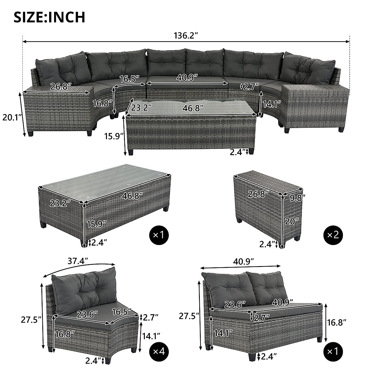 Merax 8-Pieces Outdoor Wicker Round Sectional Curved Sofa Set with Rectangular Coffee Table, PE Rattan Water-Resistant and UV Protected, Movable Cushion, Half-Moon Style, Grey_8Pcs