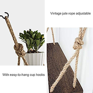 Yankario Rope Hanging Floating Shelves, Rustic Wood Wall Decor Swing Shelf with 4 Hooks, Pack of 2