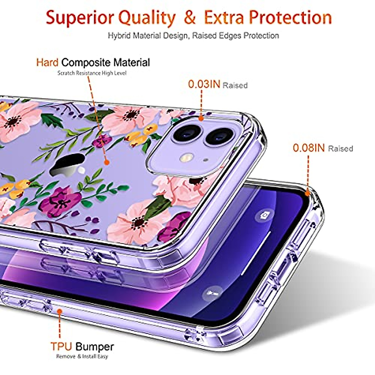 GiiKa for iPhone 12 Case, iPhone 12 Pro Case with Screen Protector, Clear Full Body Protective Floral Girls Women Shockproof Hard Case with TPU Bumper Cover Phone Case for iPhone 12, Small Flowers