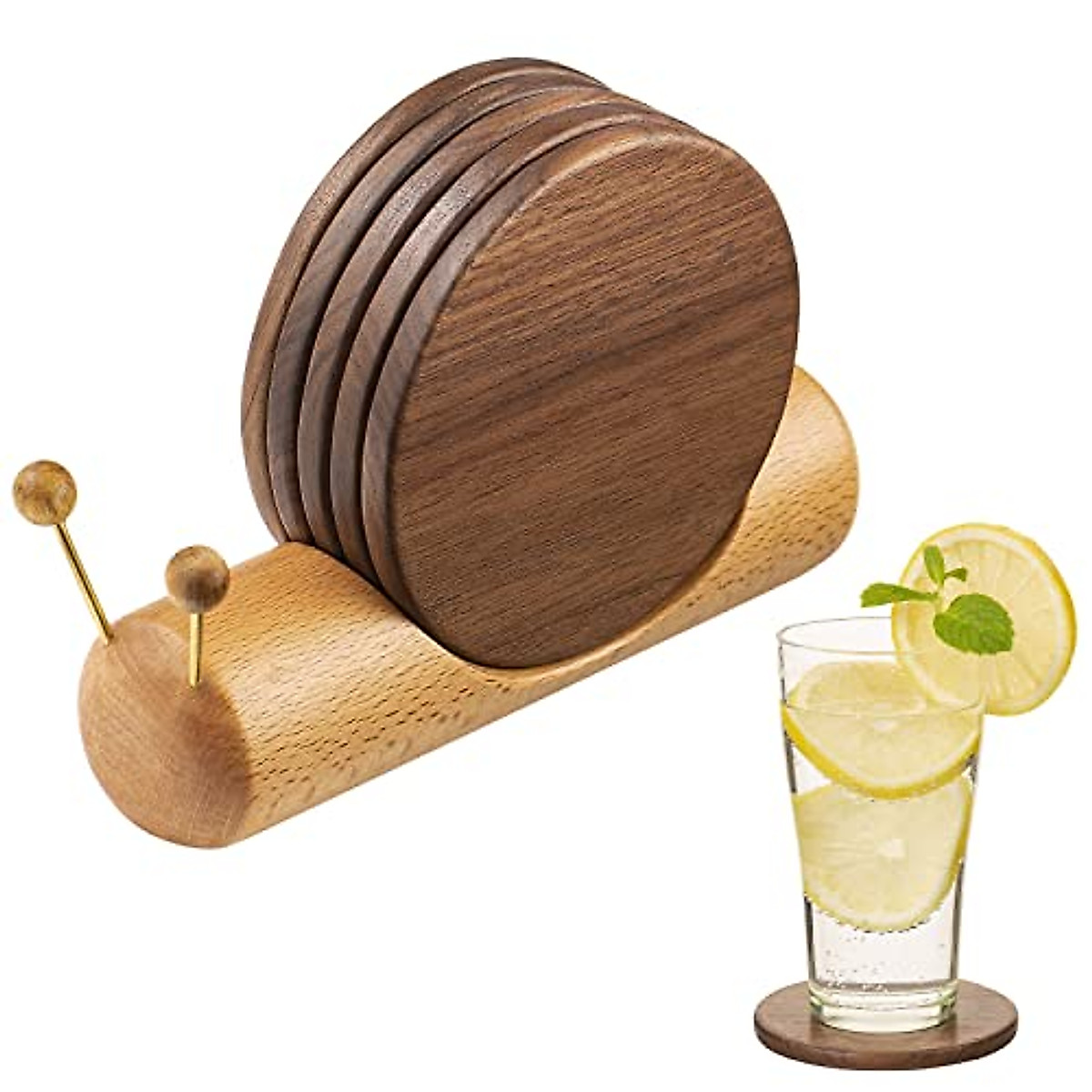 Wooden Coasters for Drinks-Natural Acacia Wood Drink Coaster Set for Drinking Glasses , Tabletop Protection for Any Table Type , Set of 5-Dia 3.5*3.5inchs（New Snail Coasters）