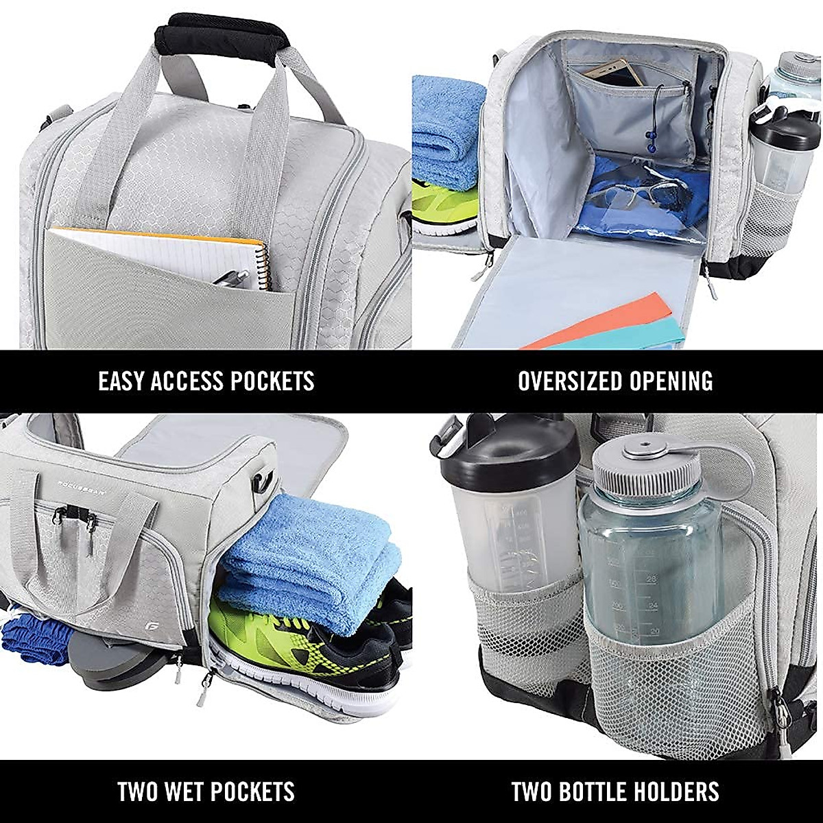 Ultimate Gym Bag 2.0: The Durable Crowdsource Designed Duffel Bag with 10 Optimal Compartments Including Water Resistant Pouch, Silver, Medium (20")