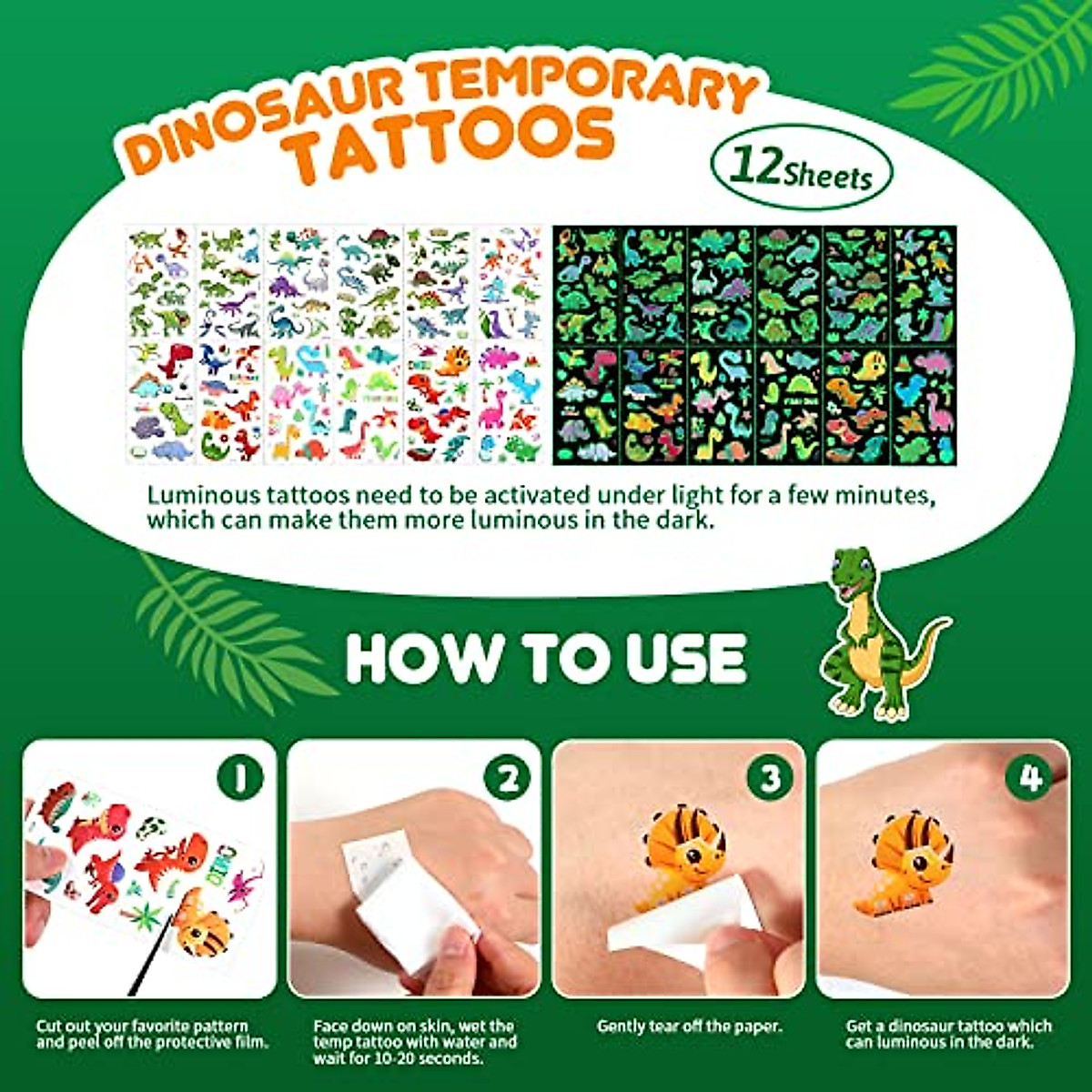 Dinosaur Birthday Party Supplies for 12 Kids, Dino Gift Bags Party Favors with Dinosaur Eggs That Hatch, mini dinosaur figures grown in dark , Slap Bracelets, Rubber Rings and Tattoos Stickers for dino themed party Gifts, Goodie treat Bags Fillers