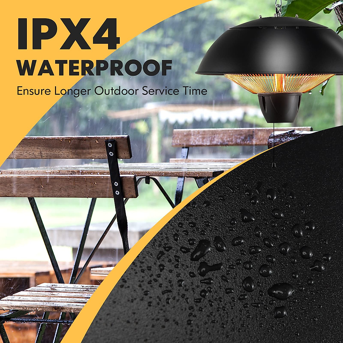 COSTWAY Hanging Patio Heater, 1500W Ceiling Mounted Infrared Heater with 1S Fast Heating, IPX4 Waterproof Electric Outdoor Heater for Large Room, Backyard, Garage