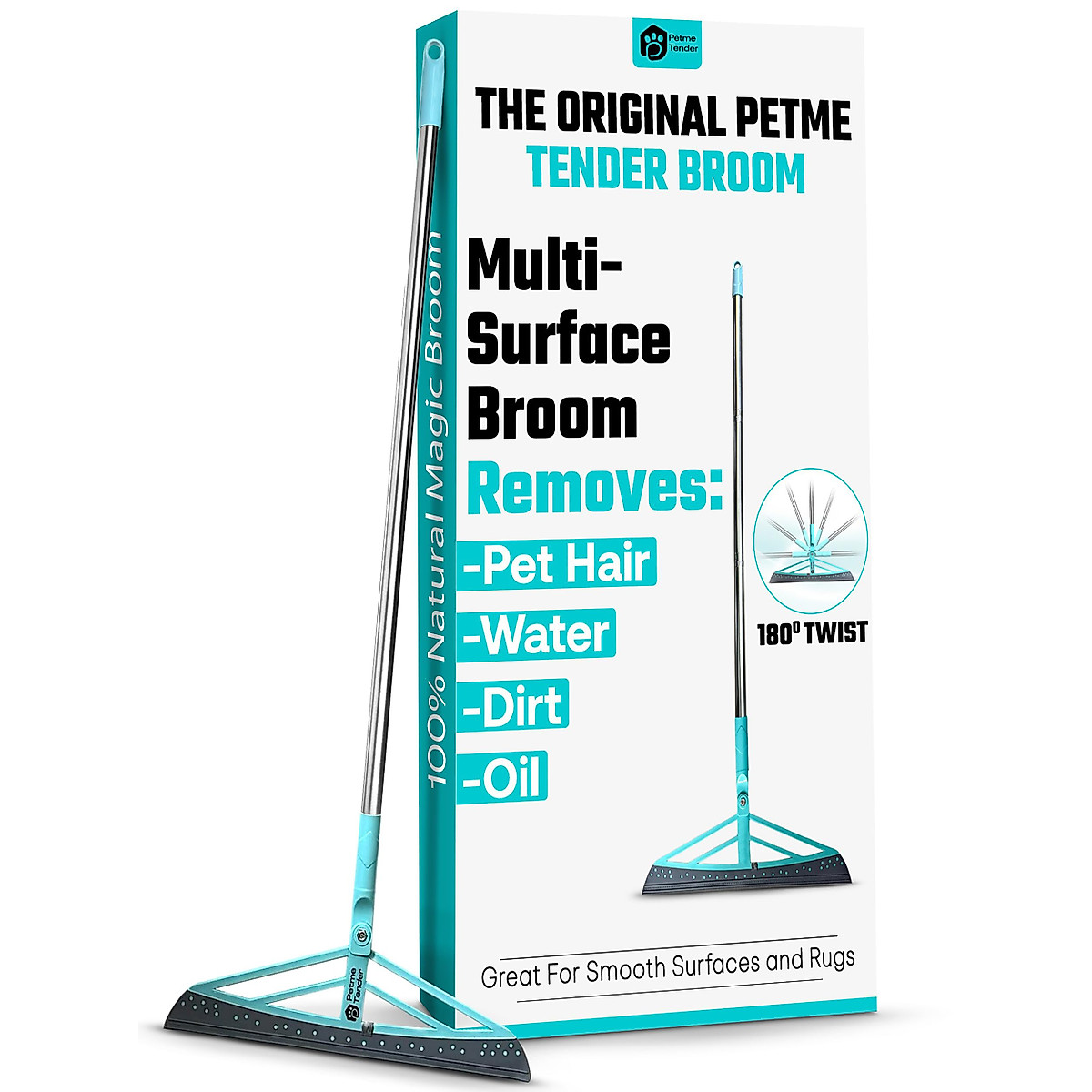 Petme Tender Magic Broom Squeegee Dog Pet Hair Remover, Rotatable, Extendable - Silicone Broom Pet Hair Remover for All-Surfaces Hardwood Floors, Rugs, Tile, Glass, Liquid-Dirt with 50" Handle