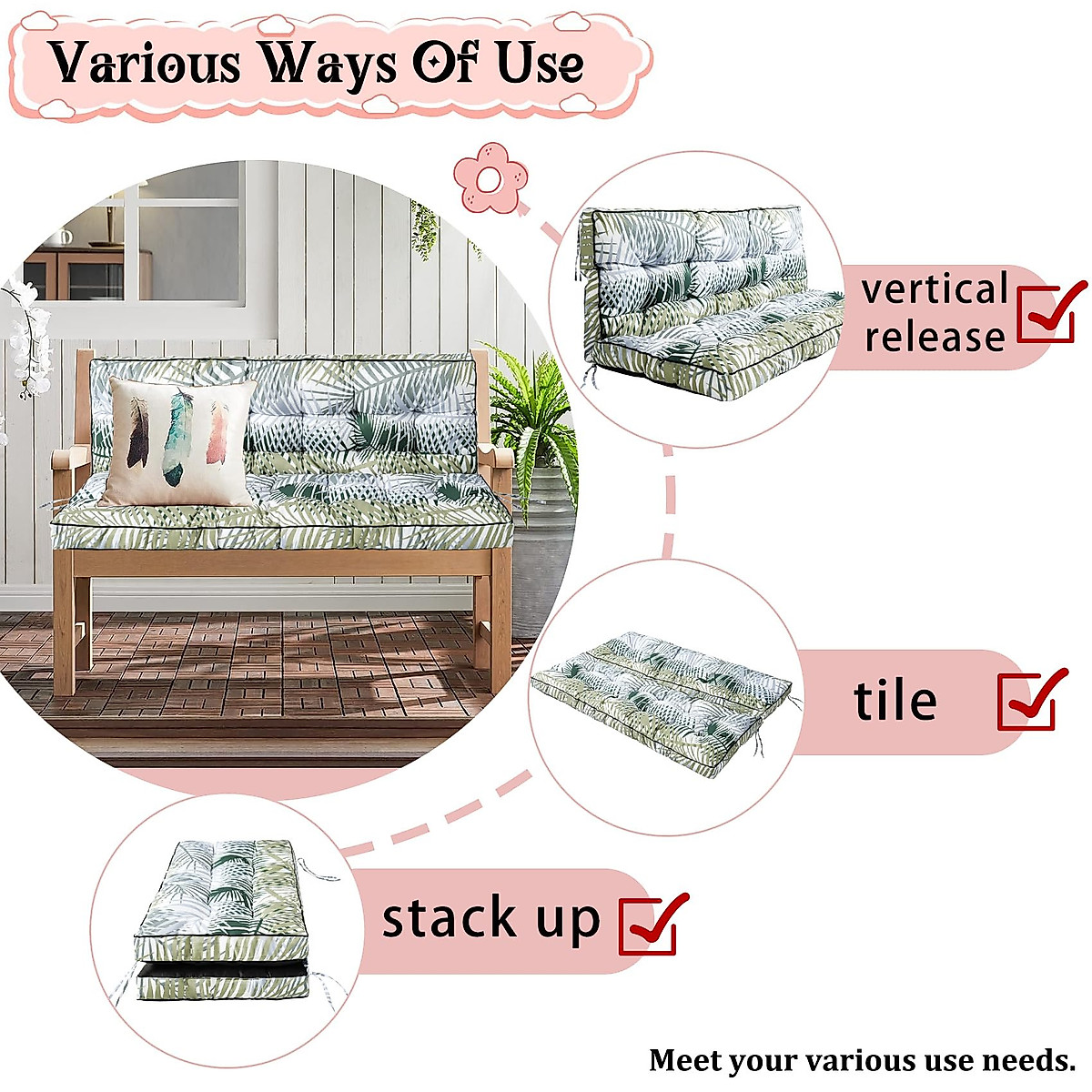 2-3 Seat Swing Replacement Cushion, Outdoor Bench Cushions with Backrest Thicken 4", Patio Furniture Garden Porch Loveseat Glider Pad Anti-Fading Waterproof (Green Leaves, 40x55in)