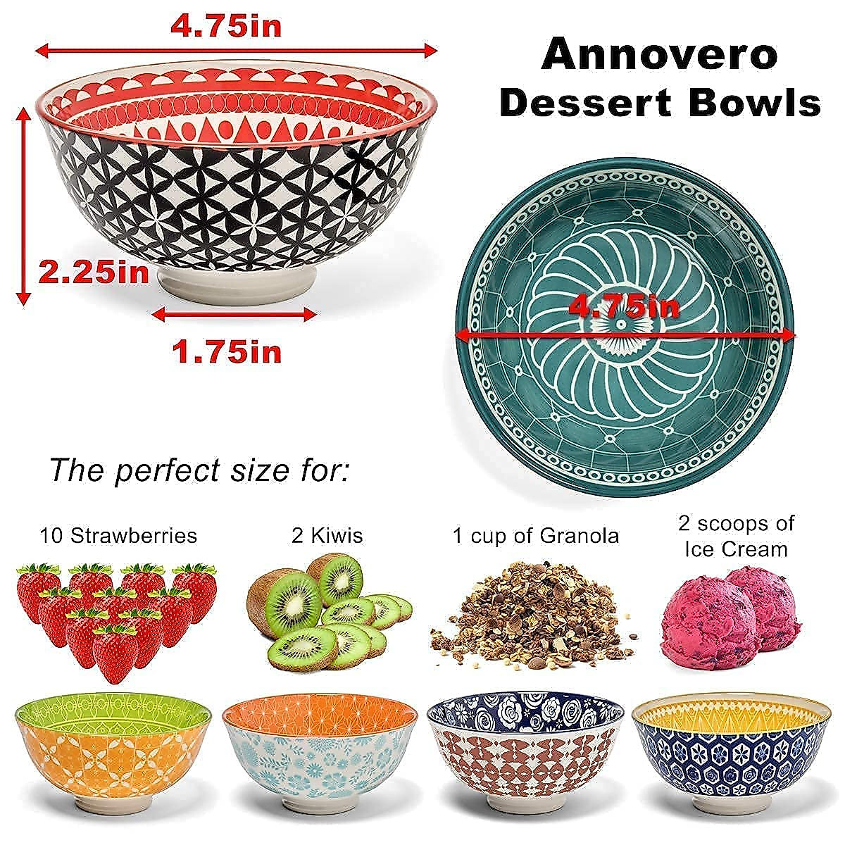 Annovero Cereal Bowls, Dessert Bowls. Cute and Colorful Porcelain Dishes for Kitchen, Microwave and Oven Safe. Bundle