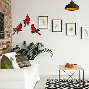 RESOYE 3 Pack Red Artificial Cardinal Birds, Metal Cardinals Ornaments Simulation Red Birds Wall Art Decorative Hanging Cardinal Sculptures for Wall Home Garden Party Holiday Decor