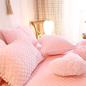 HAIHUA Luxury Plush Shaggy Duvet Cover Flannel Velvet Bedding (1 Faux Fur +2 Pillowcases) Fluffy Comforter Bed Sets 3 Pieces,Zipper Closure (Pink, Queen)