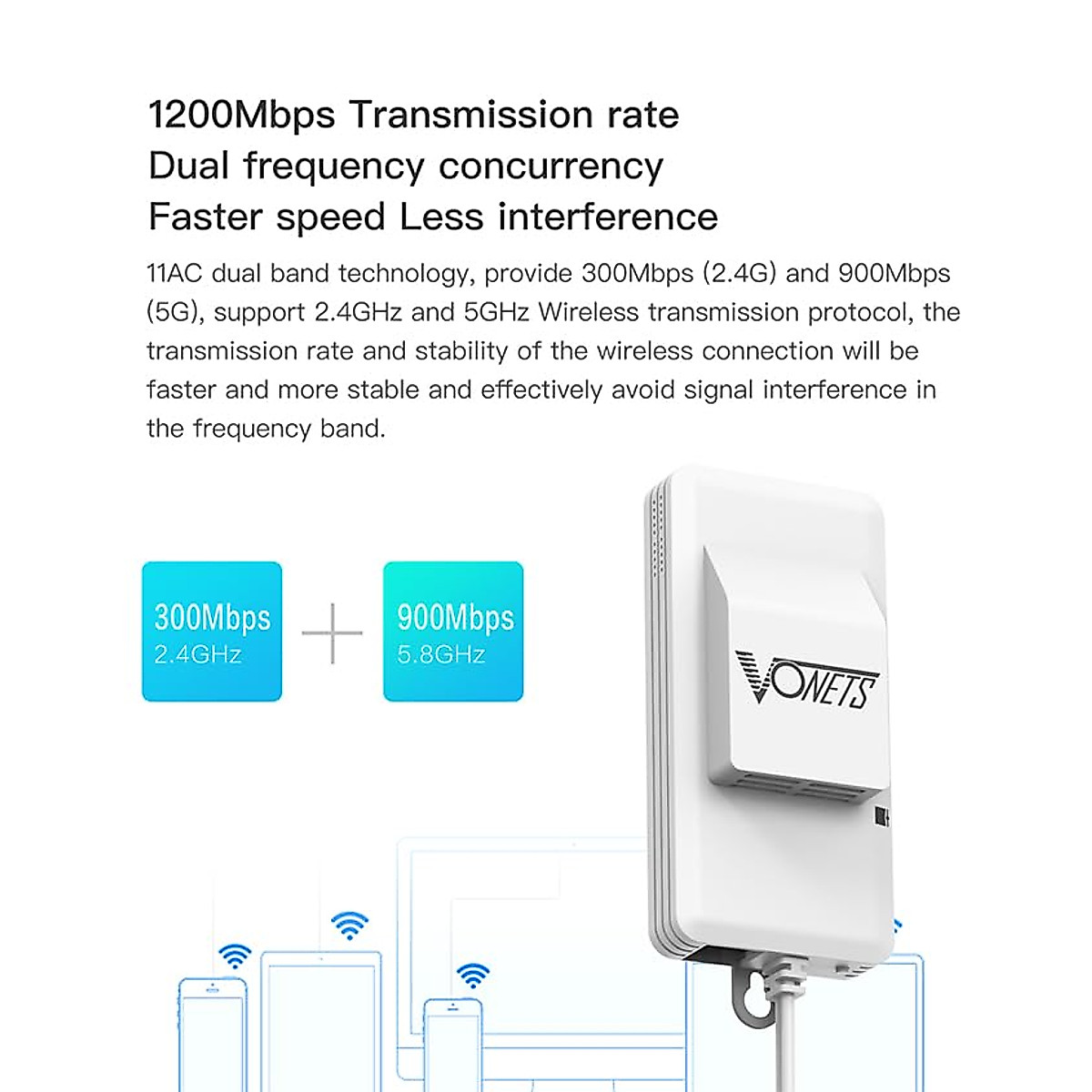 Vonets WiFi Extender 2023 Release AC1200 2.4GHz/5GHz Dual Band WiFi Bridge/WiFi to Ethernet/Broader Coverage Than Ever with 1 RJ45 (10/100Mbps) USB/DC Powered for DVR/IP Camera/WiFi Repeater with Fan