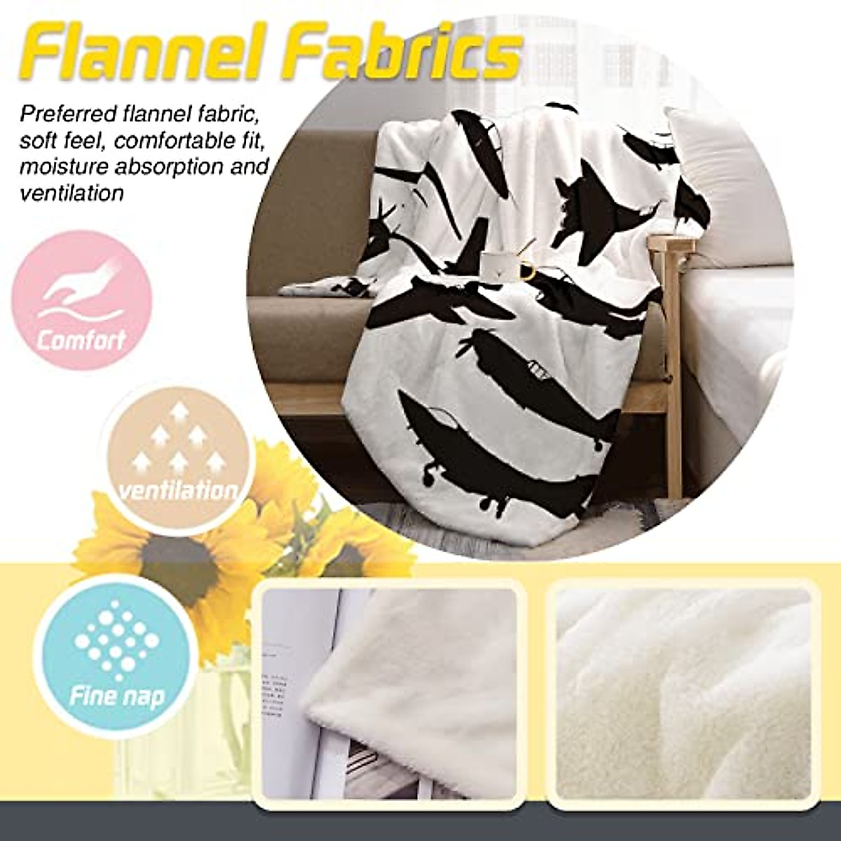 Jet Fighter Airplane Soft Throw Blanket All Season Microplush Thick Warm Blankets Tufted Fuzzy Flannel Throws Blanket for Bed Sofa Couch 50"x40"