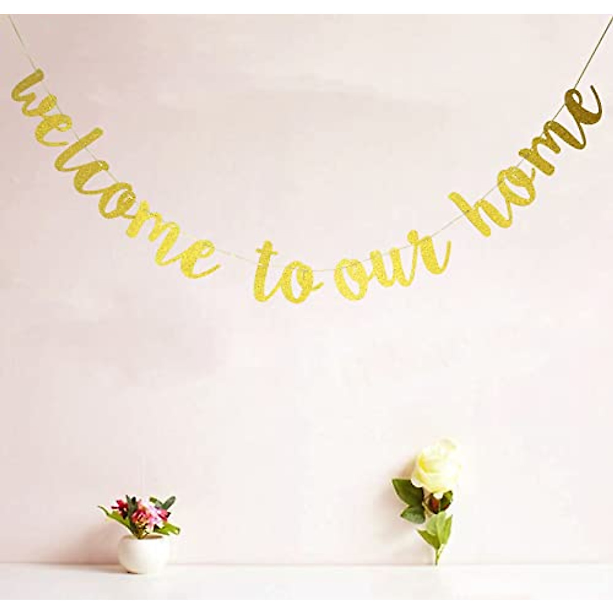 Starsgarden Glitter Gold Welcome to Our Home Banner for Housewarming Patriotic Military Decoration Family Party Supplies Cursive Bunting Photo Booth Props Sign(Gold Welcome Home)