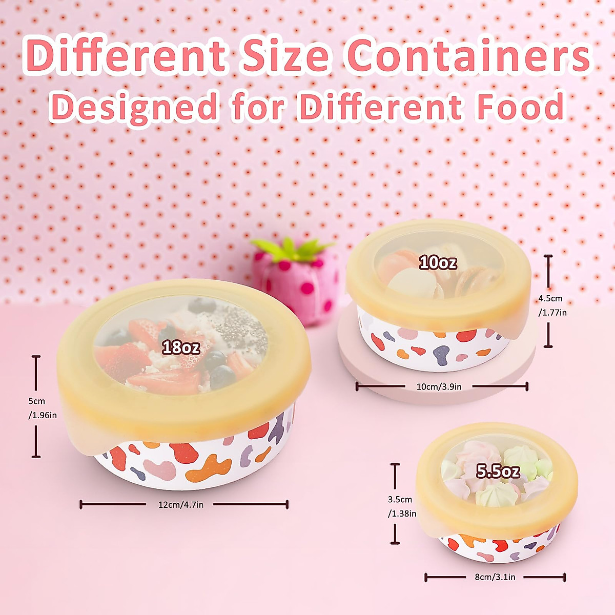 Yawbay Stainless Steel Snack Containers with Silicone Lids, Stackable Easy Open Leak Proof Snack Food Containers Metal Lunch Boxes for Office, Home, School and Travel (18oz/10oz/5.5oz)