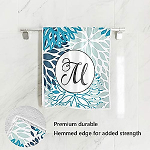 Oreayn Monogrammed Hand Towel for Bathroom Kitchen Polyester and Cotton 30 x 15 inch Soft and Absorbent, Blue and Navy Chrysanthemum Flowers Pattern, Monogram Letter M