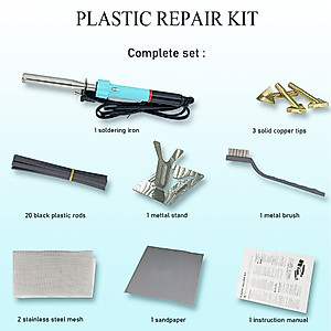 Plastic Welding Repair Kit - 80W Iron 20 black Rods, Sandpaper,Stainless Steel Mesh, Portable Use - Welder Tools for Car Bumper, Kayak, Canoe,110V Only