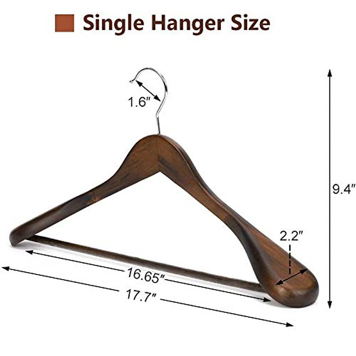 JS HANGER Wooden Suit Hangers, 6 Pack Extra-Wide Shoulder Wood Coat Hangers with Non Slip Pant Bar, Extra Smooth and Splinter Free Retro Finish