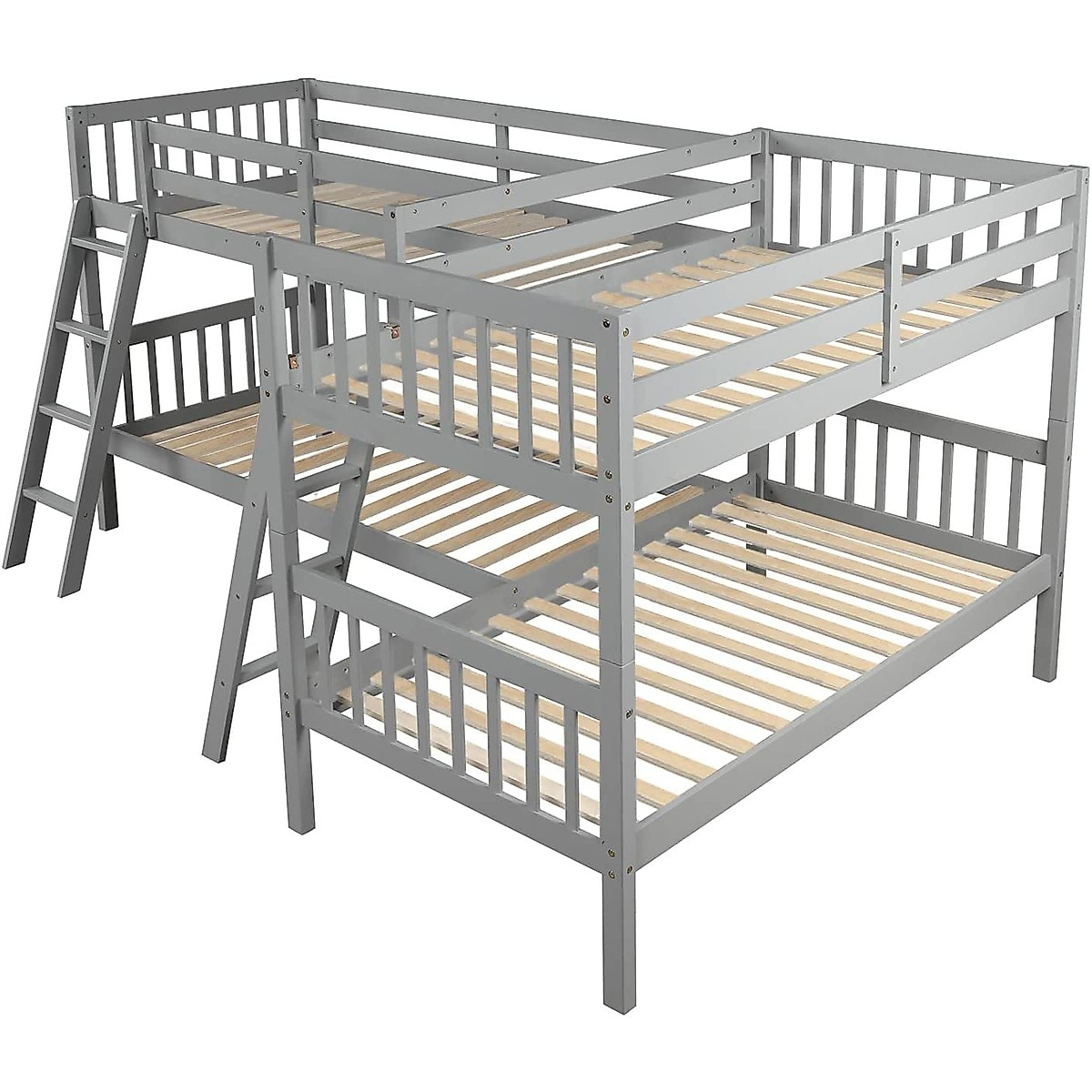 MERITLINE L-Shaped Quad Bunk Bed, Four Bunk Bed Twin Over Twin with Angle Ladder,Wooden Corner 4 Bed Bunk Bed for Kids, Teens, Adults, No Box Spring Needed (Twin, Grey)