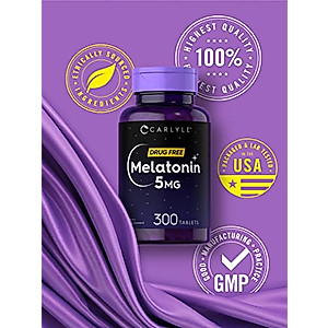 Carlyle Melatonin 5mg | 300 Tablets | Drug Free Supplement | Vegetarian, Non-GMO, Gluten Free