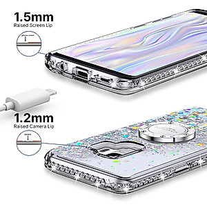 Silverback for Galaxy S9 Case, Moving Liquid Holographic Sparkle Glitter Case with Kickstand, Bling Diamond Rhinestone Bumper Ring Slim Protective Samsung Galaxy S9 Case for Girls Women - Clear Silver