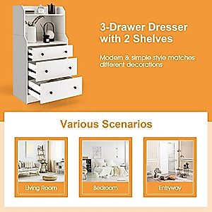 Giantex 3 Drawers Dresser for Bedroom - Modern Storage Dresser Chest of Drawers with 2 Shelves, 3 Pull-Out Drawers, Anti-toppling Device, Storage Organizer for Bedroom, Living Room, Entryway, White