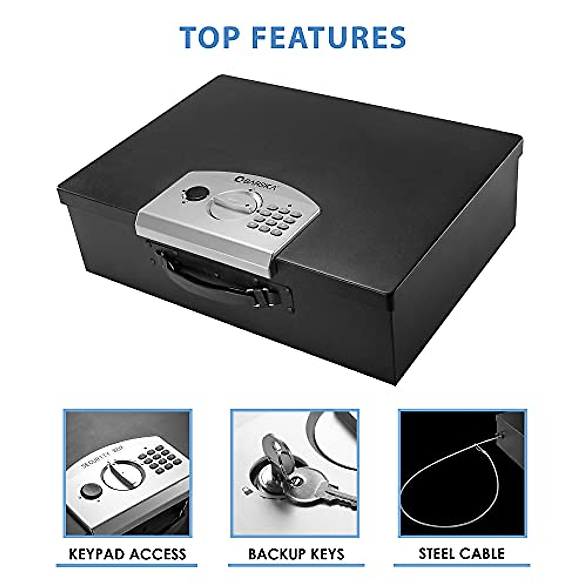 Barska Portable Digital Keypad Lock Box – Secure Travel Safe for Valuables, Steel Construction, Removable Tethering Cable, Backup Keys & Batteries Included