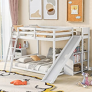 BOVZA Full Over Full Bunk Beds with Slide, Wood Floor Low Bunk Bed Frame with Storage Shelves and Ladder for Kids Boys Girls Teens, White