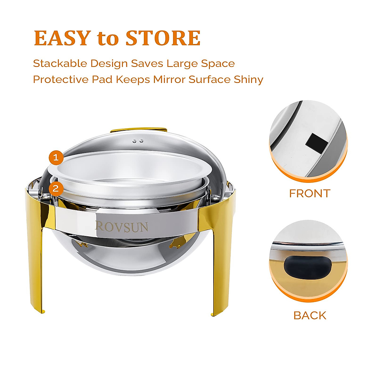 ROVSUN 3 Packs Roll Top Chafing Dish Buffet Set Gold Accent,6 Quart Round Stainless Steel Chafer, Buffet Servers and Warmers Set Warming Tray with Glass Window for Wedding, Parties, Banquet, Events