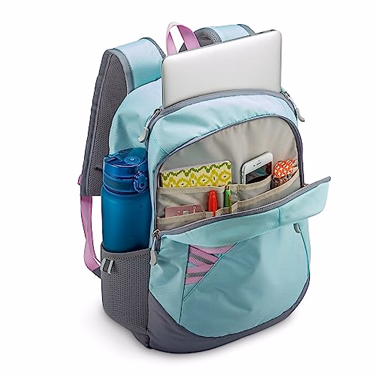 High Sierra Outburst 2.0 Carry-On Daypack Book Bag with Padded Laptop Tablet Sleeve, 360 Degree Reflectivity, Fits Most 15.6" Laptops, 28L, Sky Blue/Iced Lilac