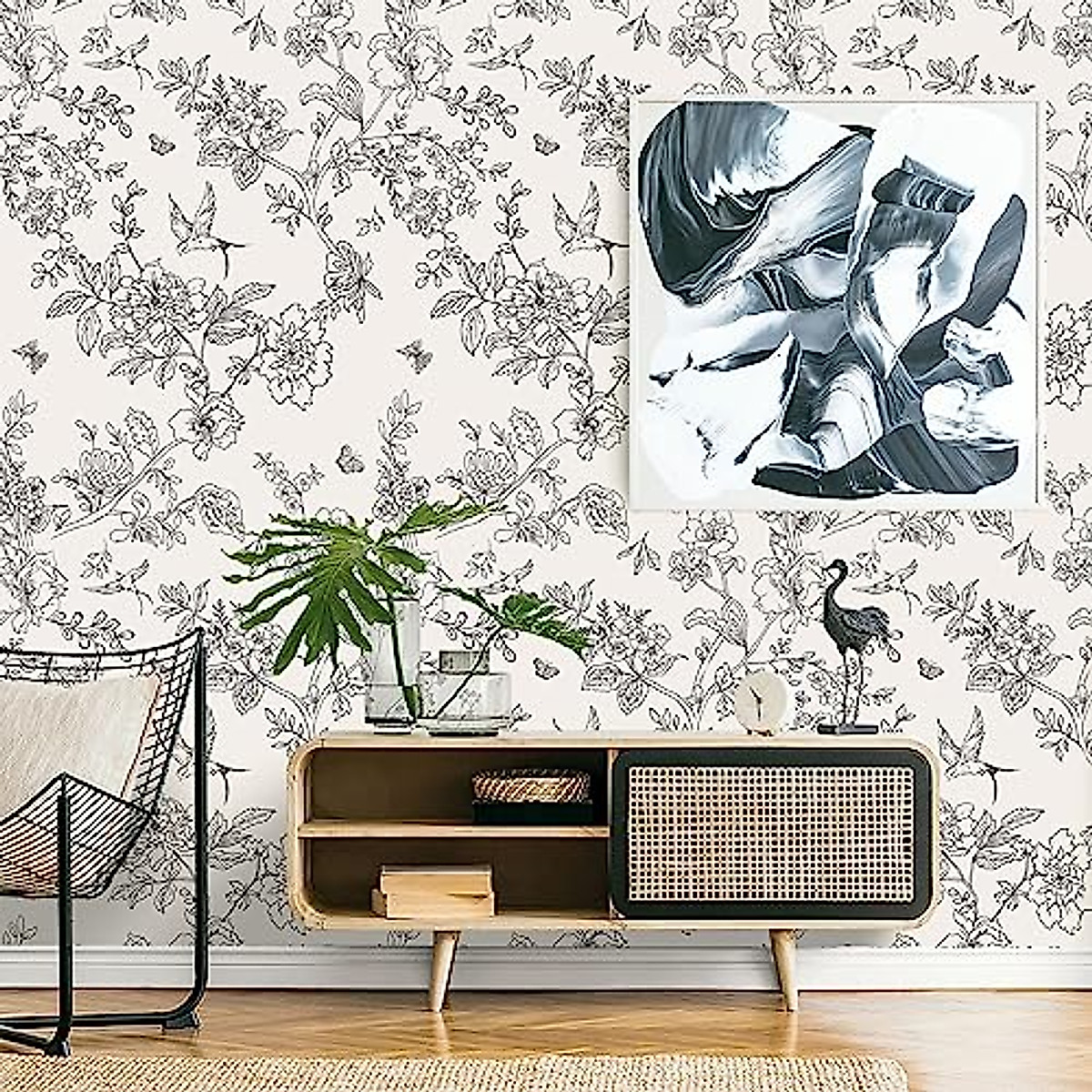 Black and White Floral Wallpaper Peel and Stick Wallpaper Floral Contact Paper 17.7 inch×118.1 inch Floral Removable Self Adhesive Wallpaper Flowers Birds Decorative Wallpaper for Cabinets Walls