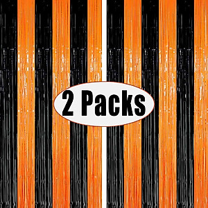 FECEDY 2pcs 3ft x 8.3ft Orange Black Metallic Tinsel Foil Fringe Curtains Photo Booth Props for Halloween Birthday Bridal Shower Baby Shower Bachelorette Holiday Celebration Party Decorations