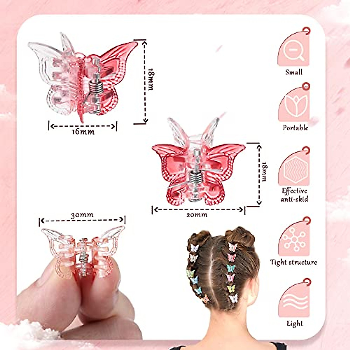 100 Butterfly Hair Accessories for Women - Mini Clips with Box, 90s Retro Style (Clear Color)