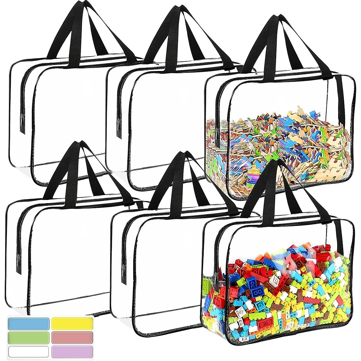 FANMHY 6 Pack Large Storage Bags with Labels, Reusable Clear PVC Storage Bags, Travel Waterproof Organizer Bags with Zipper for Building Blocks Puzzle Stationery