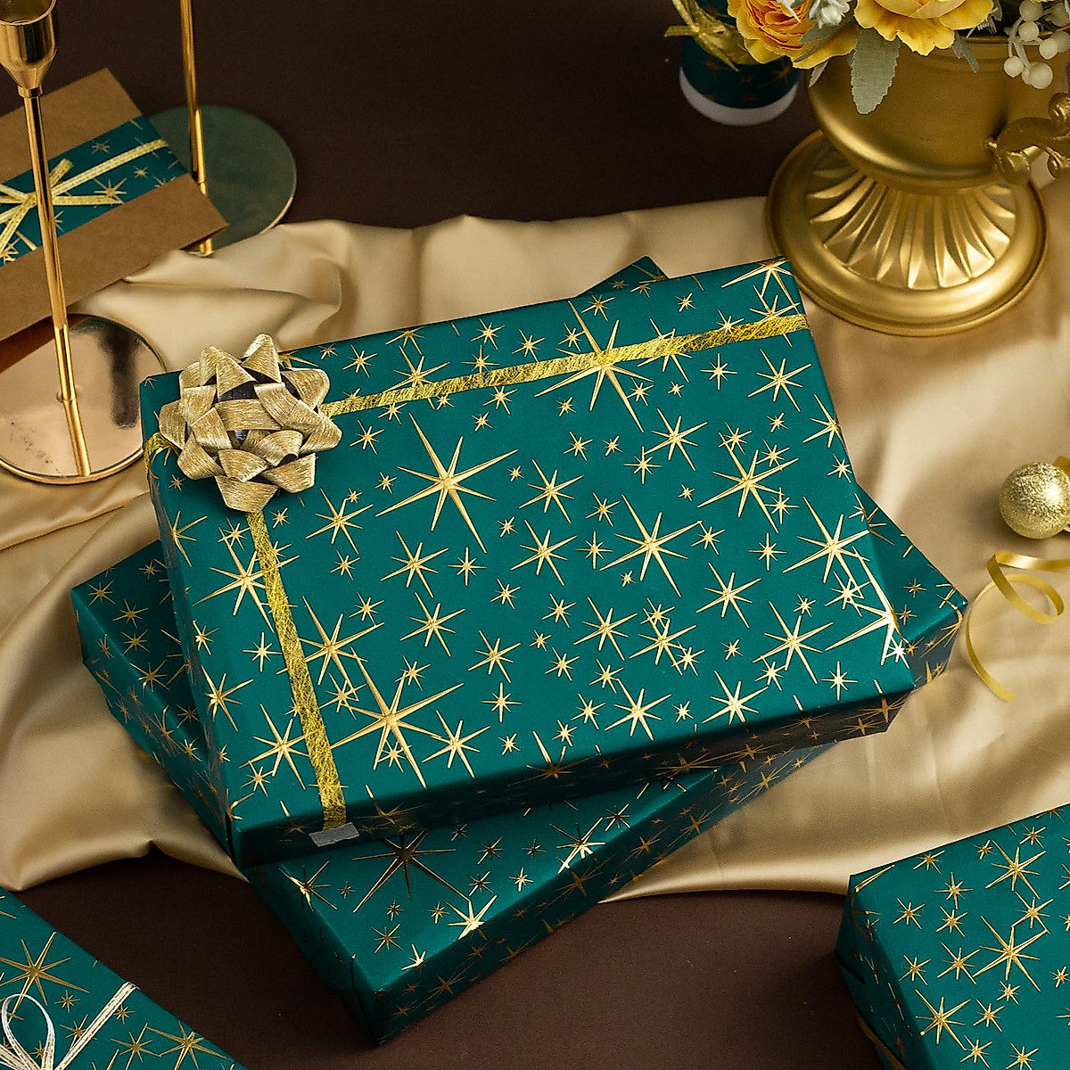 Garbendy Green Christams Wrapping Paper Roll-17inch x 32.8ft Embossing 3D Emerald Green with Gold Foil Star Design for Christmas, Birthday, Wedding, Baby Shower, Bridal Shower, Party