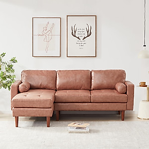 Tbfit 80"W Sectional Sofa Couch, L Shaped Couch with Reversible Chaise, Mid Century Modern Faux Leather Couches for Living Room Apartment Small Space, Convertible Sofa with Tufted Seat Cushion, Brown