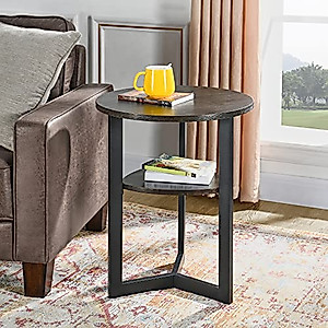 19.3” Round End Table with Storage shelf, Circular Rustic Sofa Side Table with Black Metal Leg, Solid Wood 2-tier Telephone Table, Nightstand, for Living Room Bedroom Entryway Brushed Black BZ2338BK