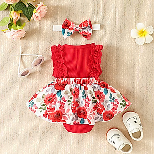 Newborn Girl Clothes Sleeveless Lace Floral Romper Dress Jumpsuit Bodysuit with Headband Infant Baby Summer Outfits (Red,3-6M)