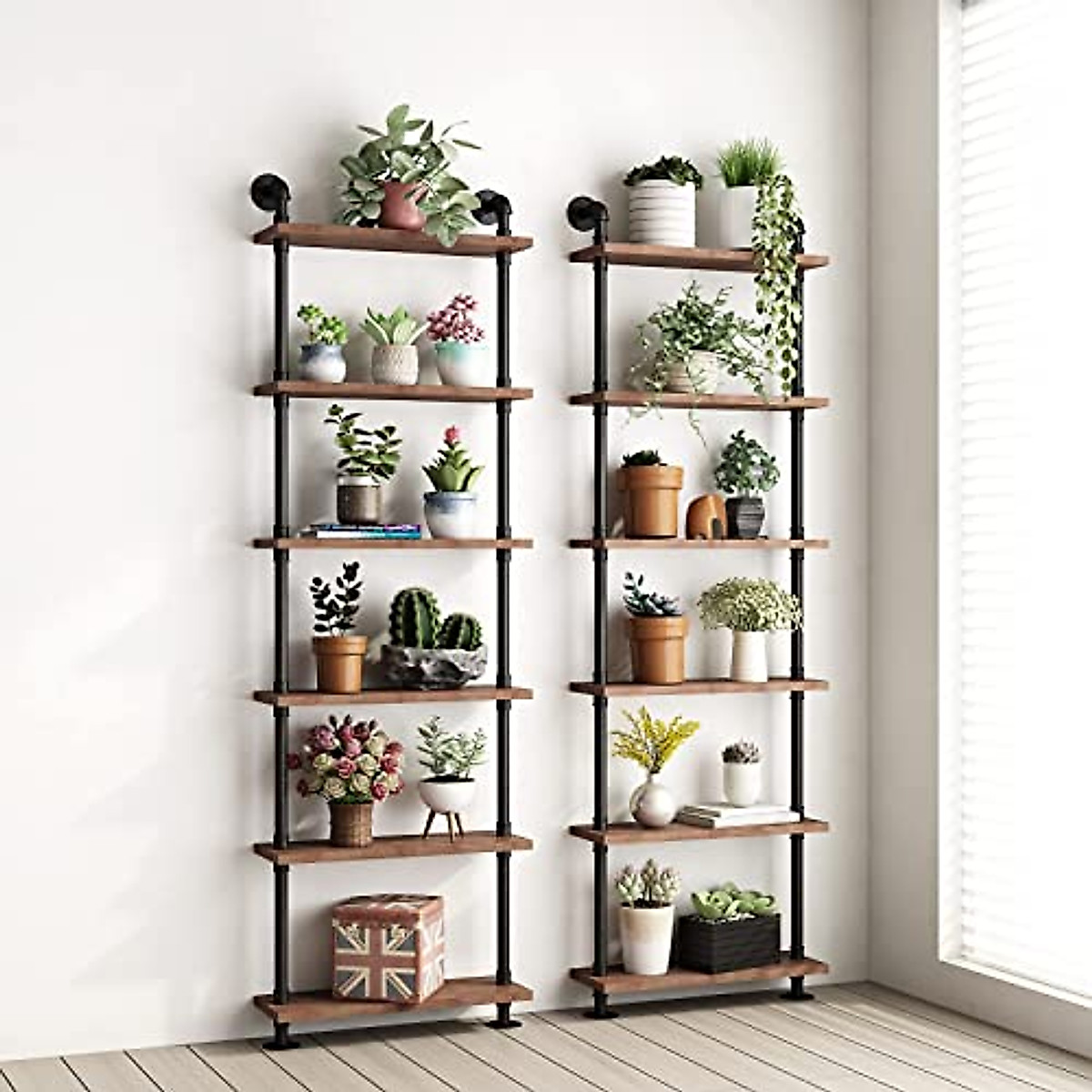 BOSURU Industrial Pipe Shelves Rustic Wood Ladder Bookshelf Wall Mounted Shelf for Living Room Decor and Storage