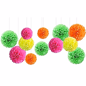 NICROLANDEE Blacklight Party Decorations - 12 PCS Fluorescent Neon Tissue Paper Pom Poms for Birthday, Wedding, Baby Shower, Glow-in-The-Dark Party, Neon Party, Prom Dance Party Photography