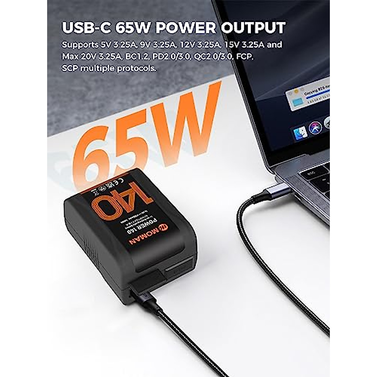 Moman V Mount Battery, Power 140 V-Lock Battery 140Wh/9700mAh with D-Tap&65W USB-C Outputs Compatible with Red Komodo & Canon C300 Cameras & Aputure 200D 200X Video Light, V-Mount-Battery-VLock-USB