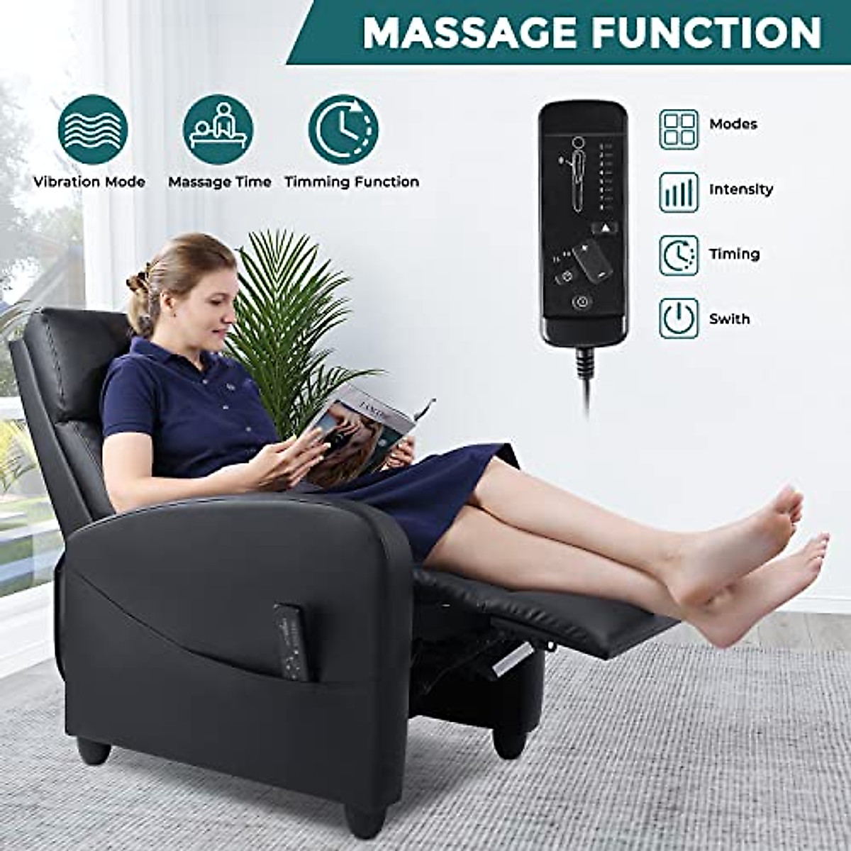 SMUG Recliner Chair for Adults, Massage PU Leather Recliner Sofa for Living Room, Adjustable Home Theater Seating with Padded Seat Backrest, Small Reclining Chair for Small Space (Light Black)