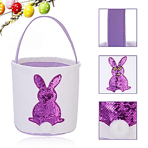 Zhuqing Easter Bunny Basket Bags, 2 Pack Bunny Bags with Fluffy Tail for Kids Boys Girls, Carrying Gift and Easter Eggs Hunt Bag, Printed Rabbit Canvas Toys Bucket Tote (Pink & Purple)