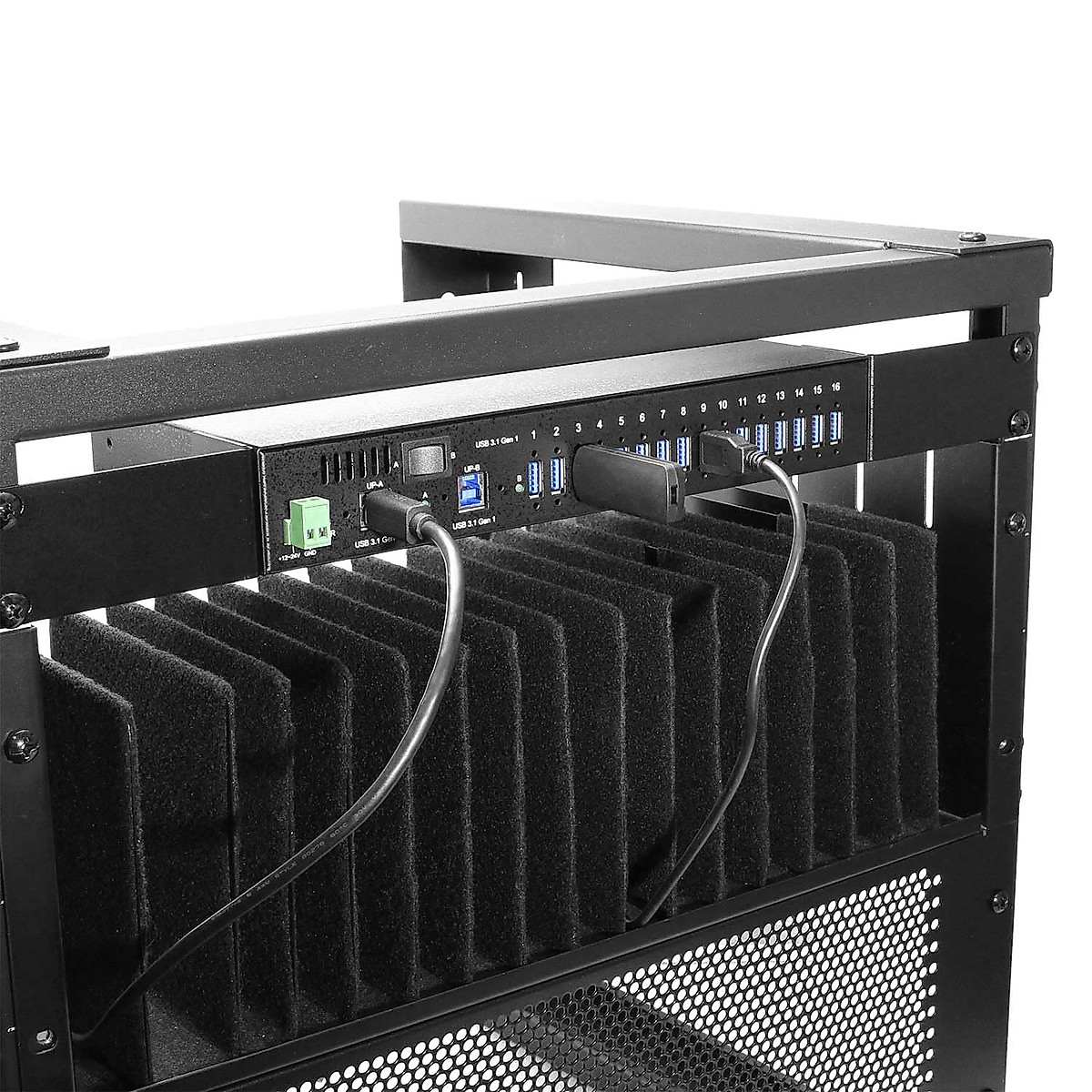 16 Port USB 3.2 Hub with Dual Upstream Ports, Surge Protection, Screw Lock, Rack & DIN Rail Mounting