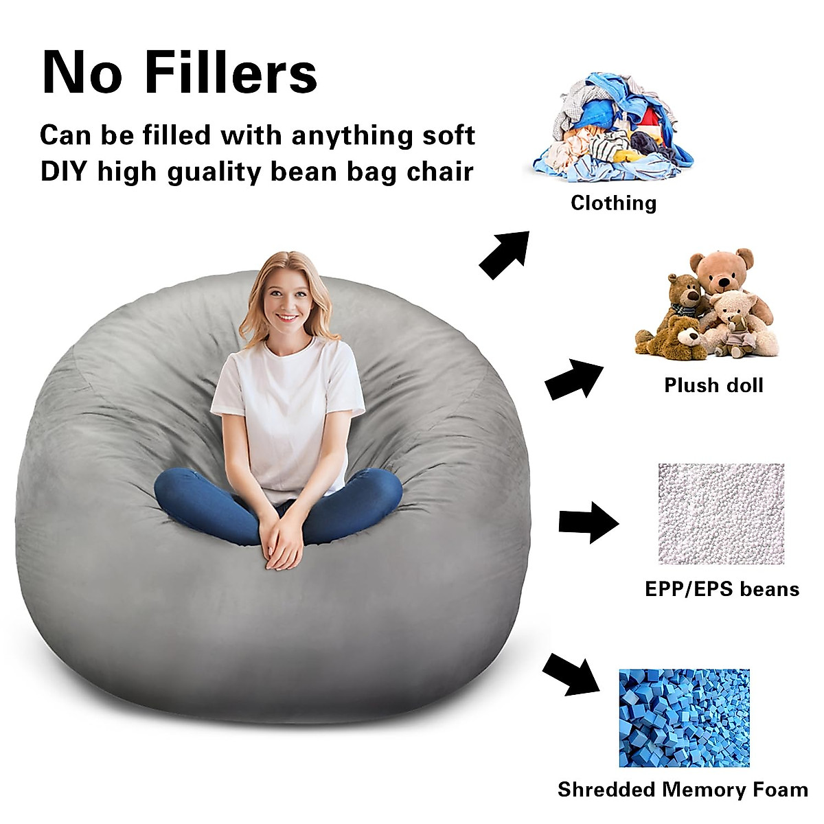 Giant Bean Bag Chair Cover for Adults (No Filler, Cover only) 6FT Comfy Dutch Velvet Big Bean Bag Cover Bean Bag Bed - Fluffy Lazy Sofa Cover Light Grey (180 * 90cm)