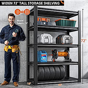 REIBII Garage Shelving Heavy Duty Storage Shelves Load 2000Lbs, Adjustable Garage Shelves Heavy Duty Shelving, 5-Tier Metal Shelving Unit, Garage Storage Shelves, Utility Shelf Racks, 40"W x18"D x72"H