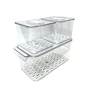 3 Pcs Plastic Refrigerator Food Storage Containers - Clear Organizer Bins W/Removable Drain Tray, Stackable Vented Lids, Fruit & Vegetables Fridge Organizers & Storage Clear for Pantry & Freezer